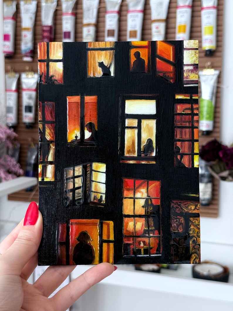 Everyday Life in the Windows Original Oil Painting, Miniature Cityscape ...