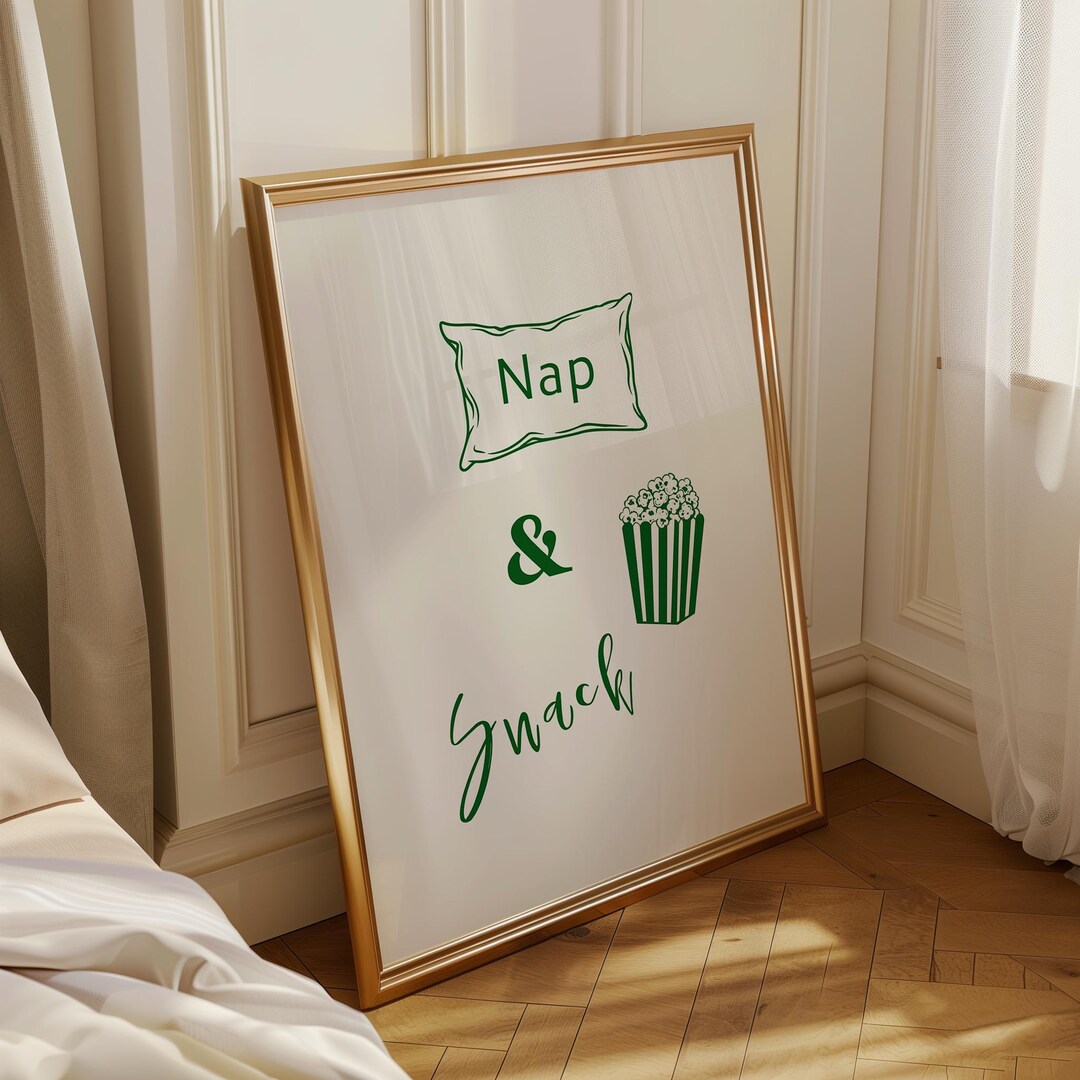 Nap & Snack Poster, Funny Wall Art for Couch Lovers, Popcorn Pillow Art ...