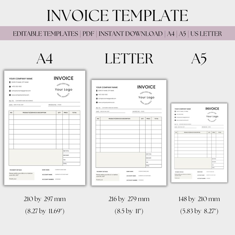 Editable Invoice Template, Minimalist Design, Canva (digital Download ...