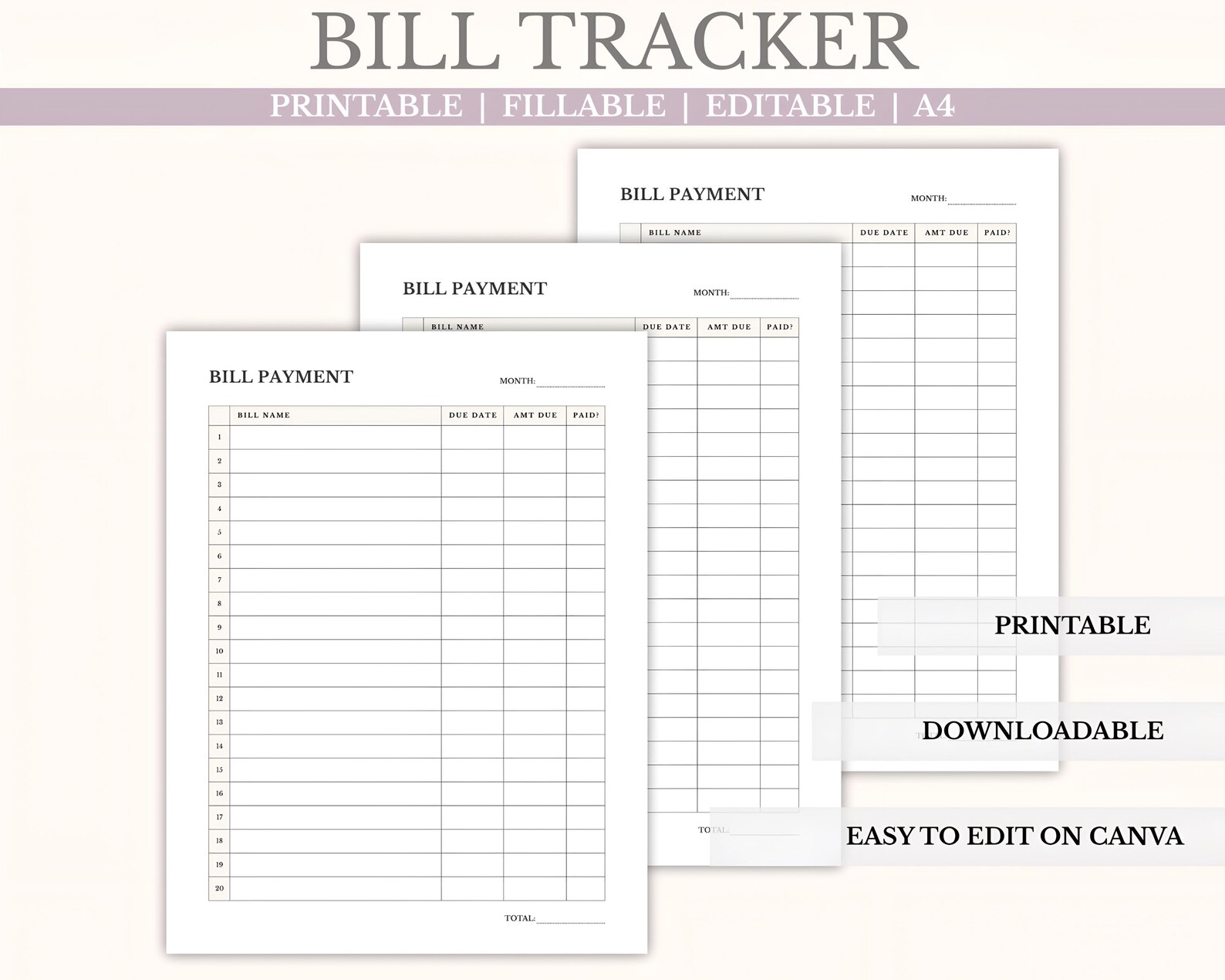 Minimalist Bill Payment Tracker – One-page Printable Budget Sheet ...