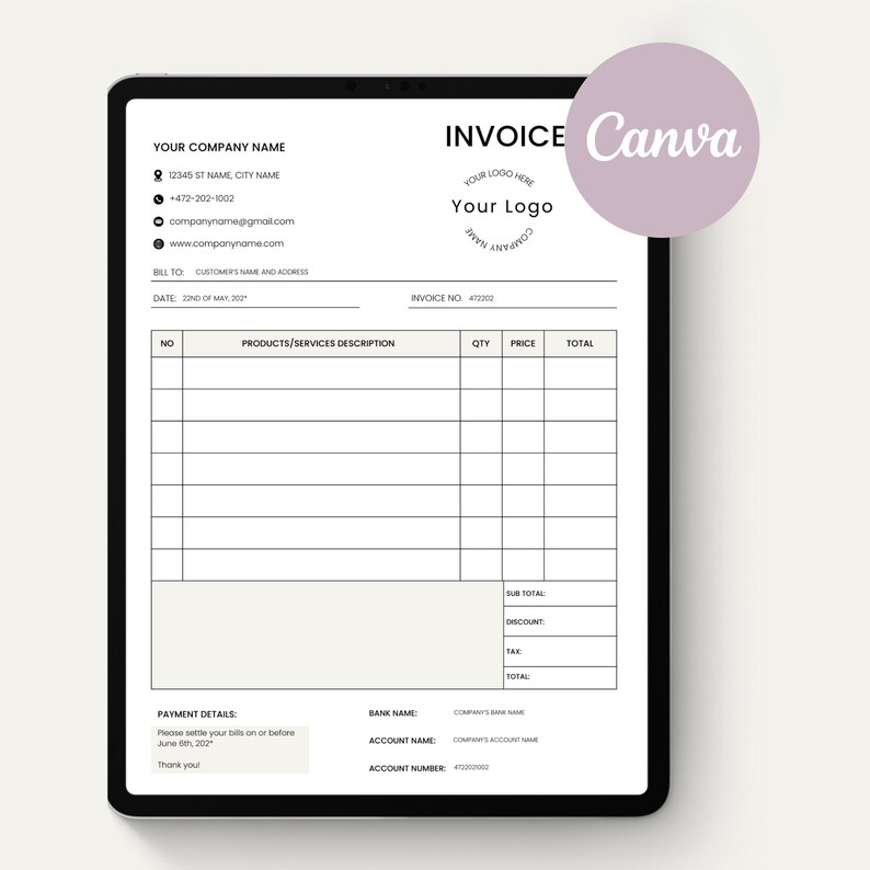 Editable Invoice Template Canva, Printable Invoice Template, US Letter ...