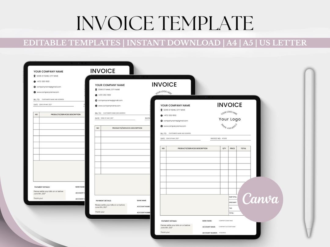 Editable Invoice Template Canva, Printable Invoice Template, US Letter ...