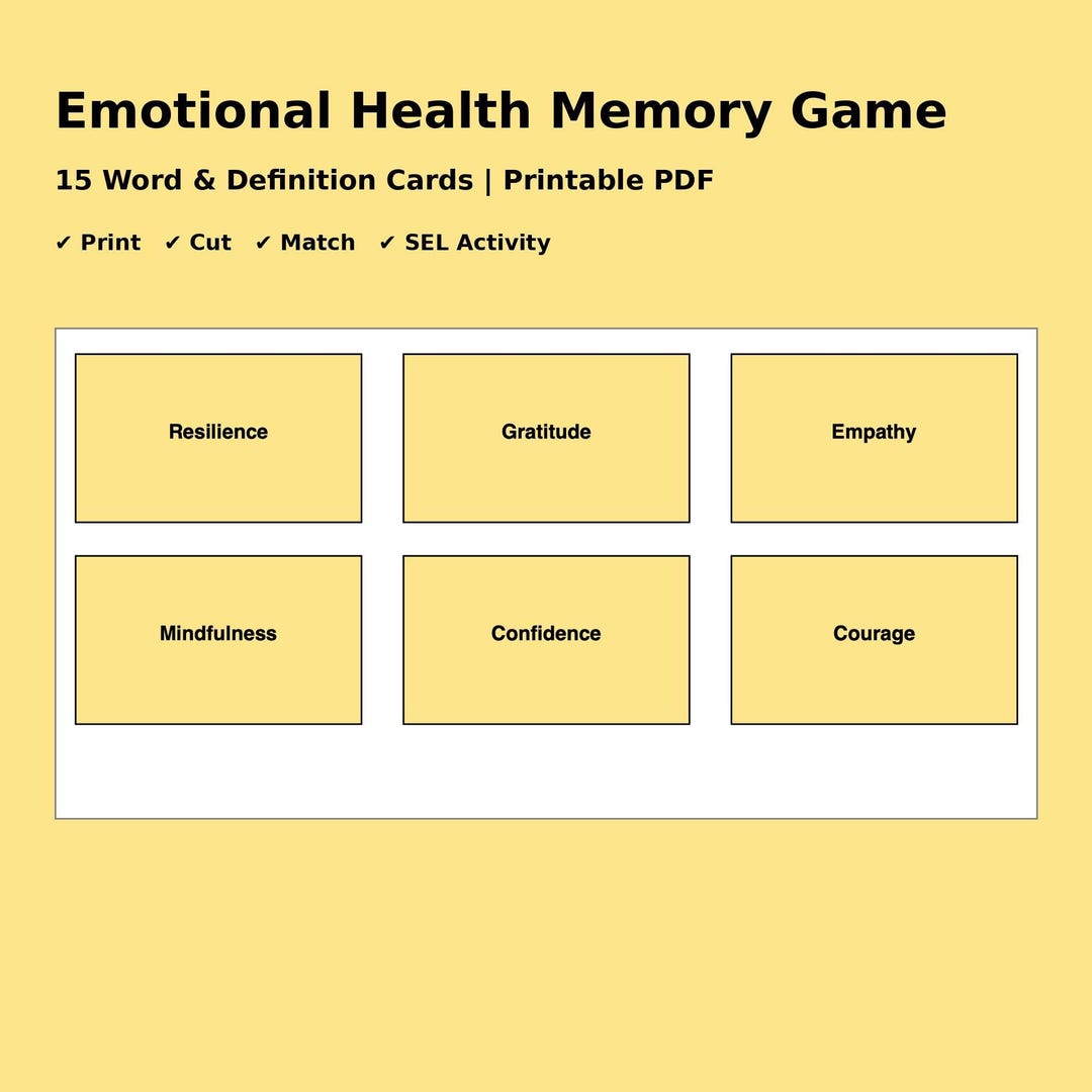 Emotional Health Memory Game Printable | SEL Vocabulary Flash Cards for ...