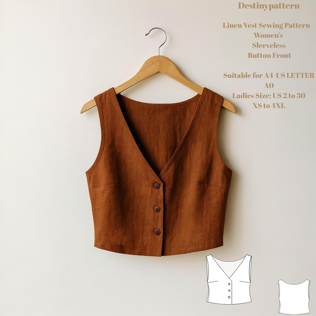 Linen Vest Sewing Pattern – Women’s Sleeveless Button Front Crop Top ...