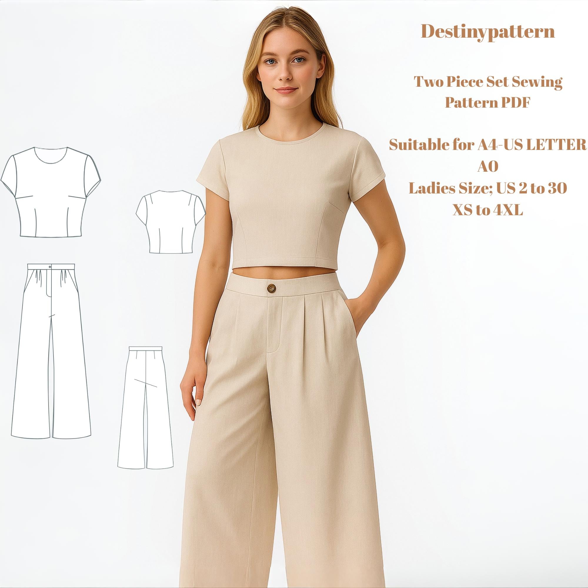 Two Piece Set Sewing Pattern PDF: Wide Leg Pants & Crop Top (sizes 2-30 ...