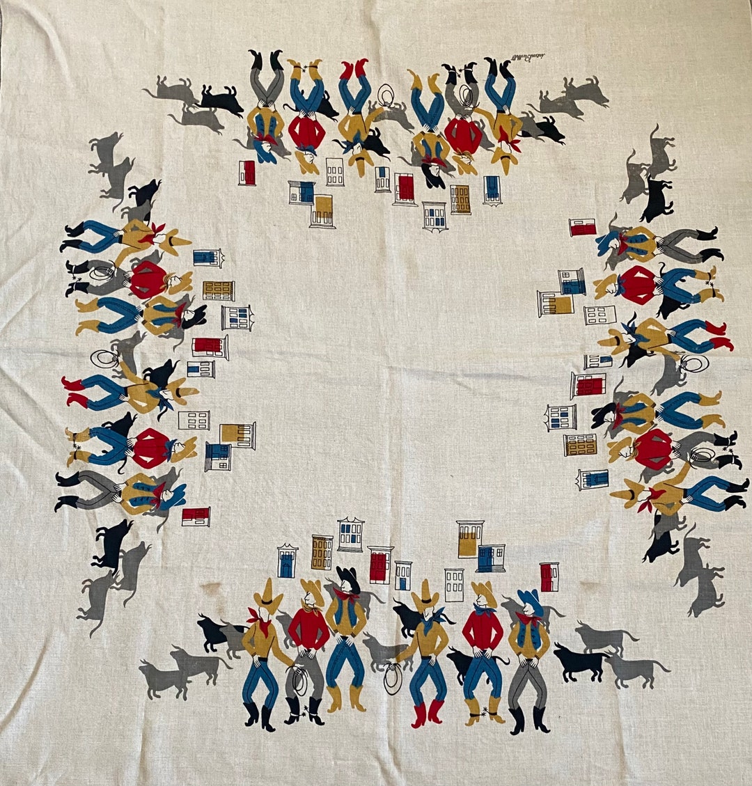 Amazing 1950s MCM Dancing Cowboys Cattle Ivan Bartlett Design Flax ...