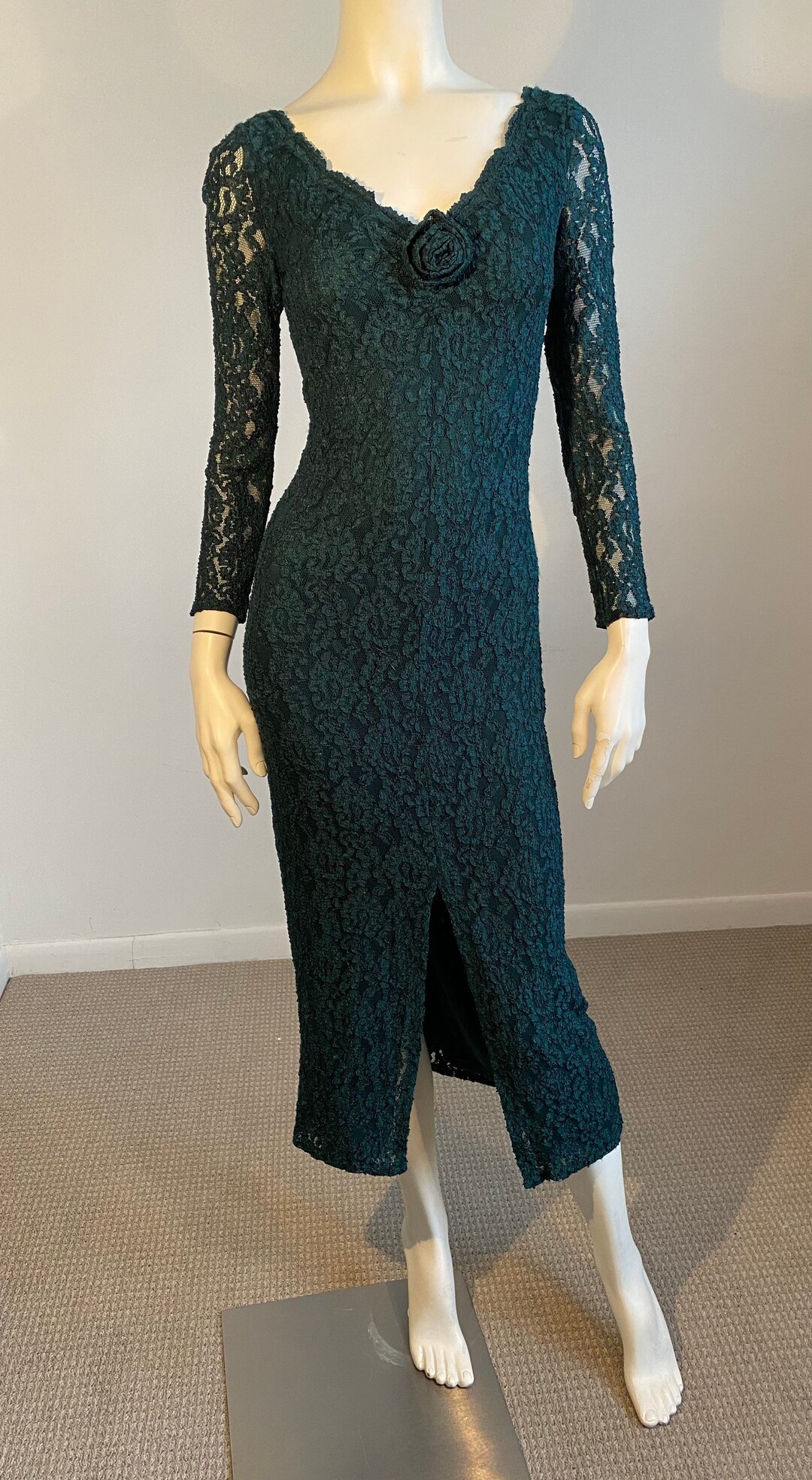 90's Best Look Hot Sexy Bombshell Body Con Emerald Green Lace Deep V ...