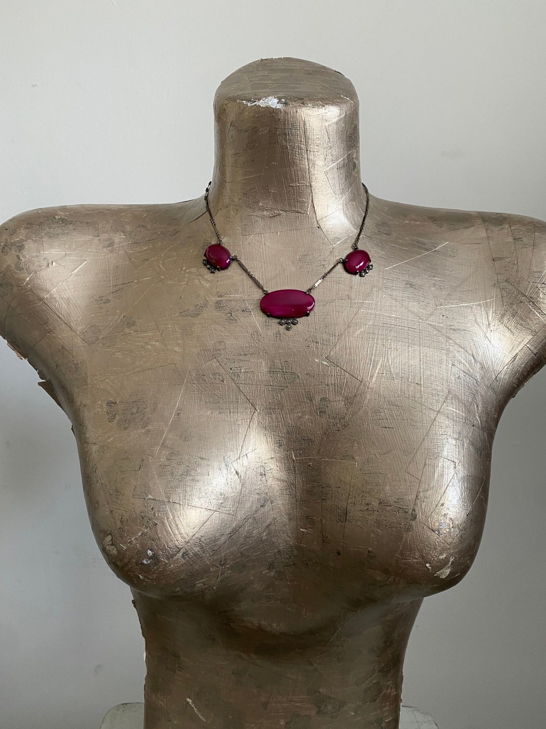 Antique Art Deco Ruby Color Polished Gemstones and Marcasite Necklace ...