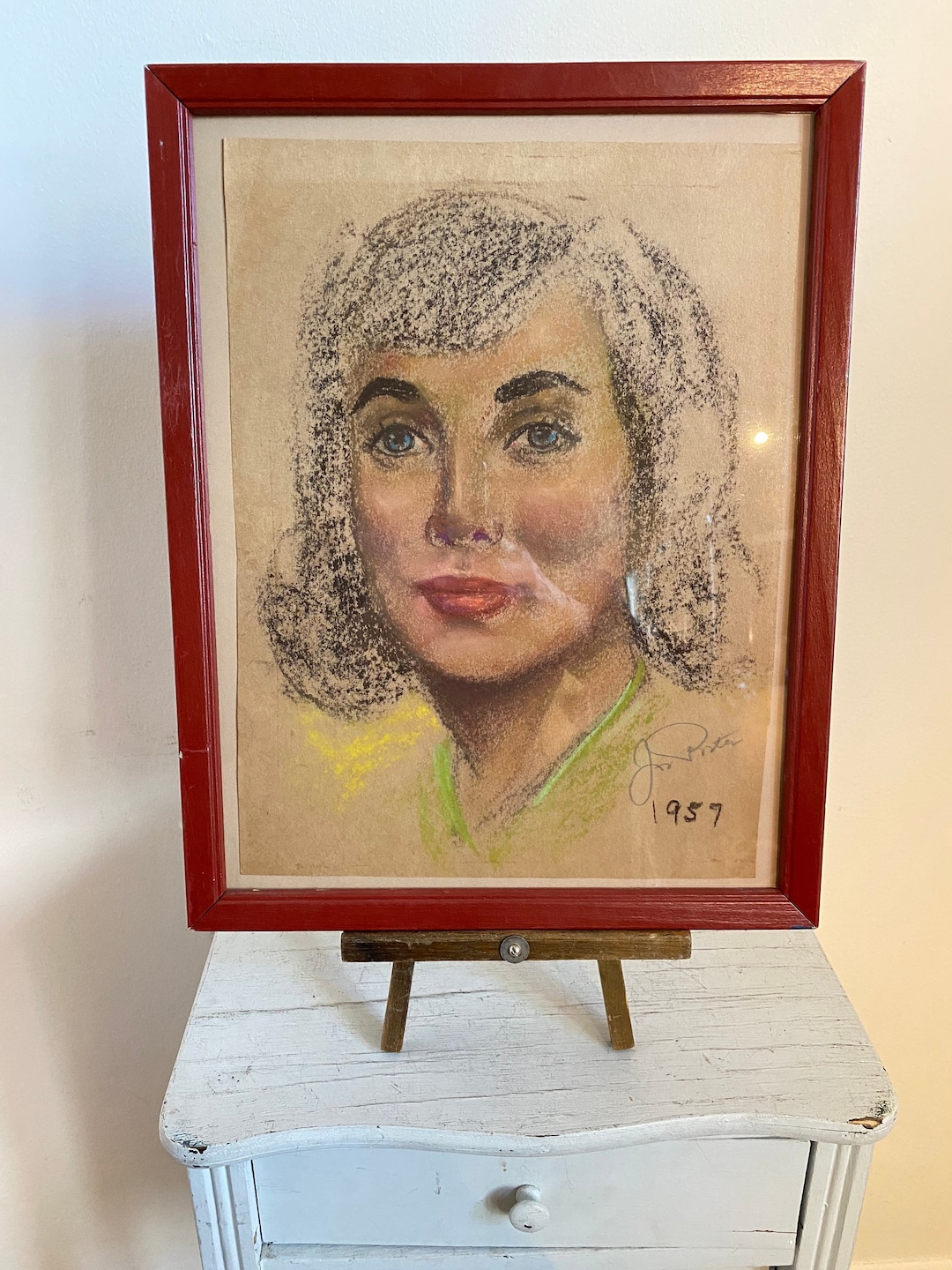 1950's Pastel Portrait of a Female Signed Joseph Porter Sophisticated Blonde Young Woman With ...