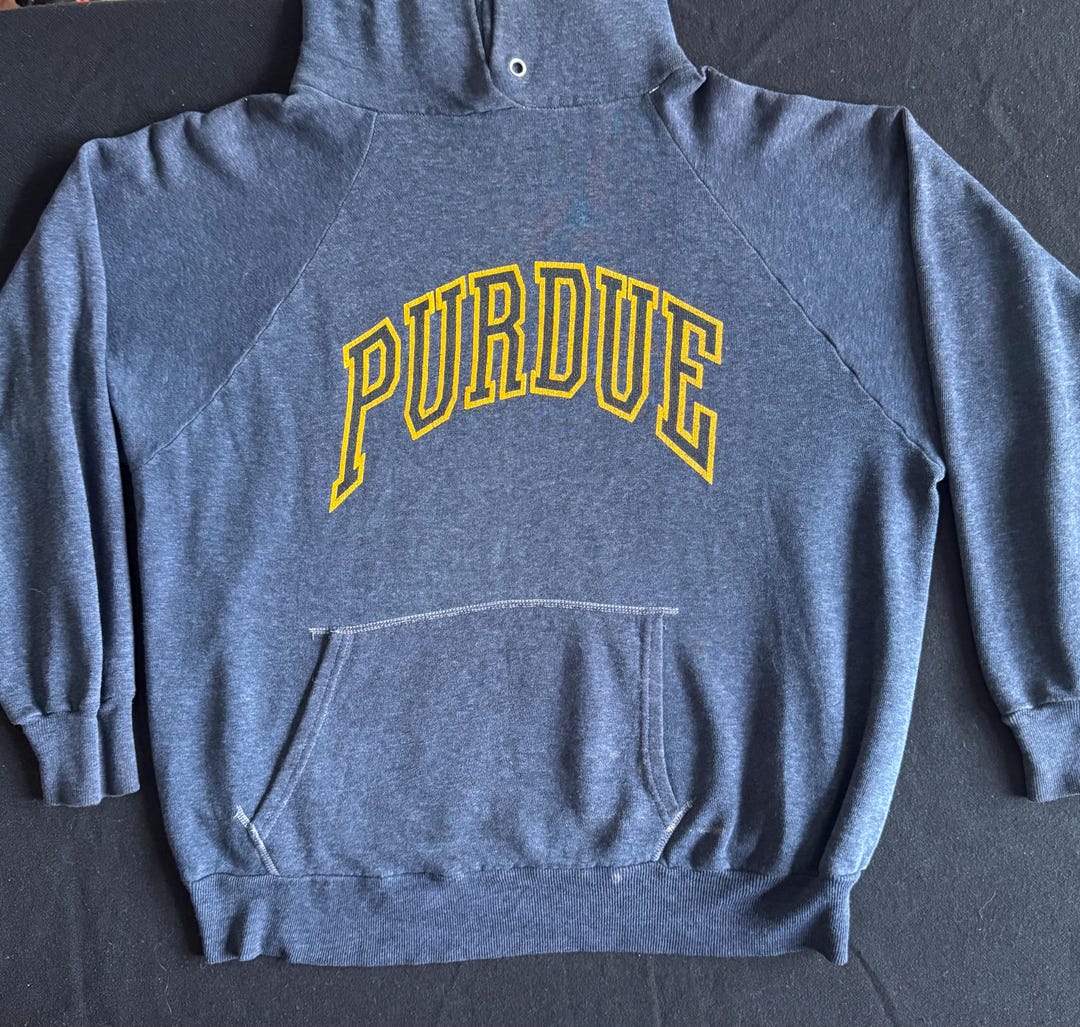 80s PURDUE Faded Heathery Navy Spellout Long Sleeve Raglan Hoodie ...
