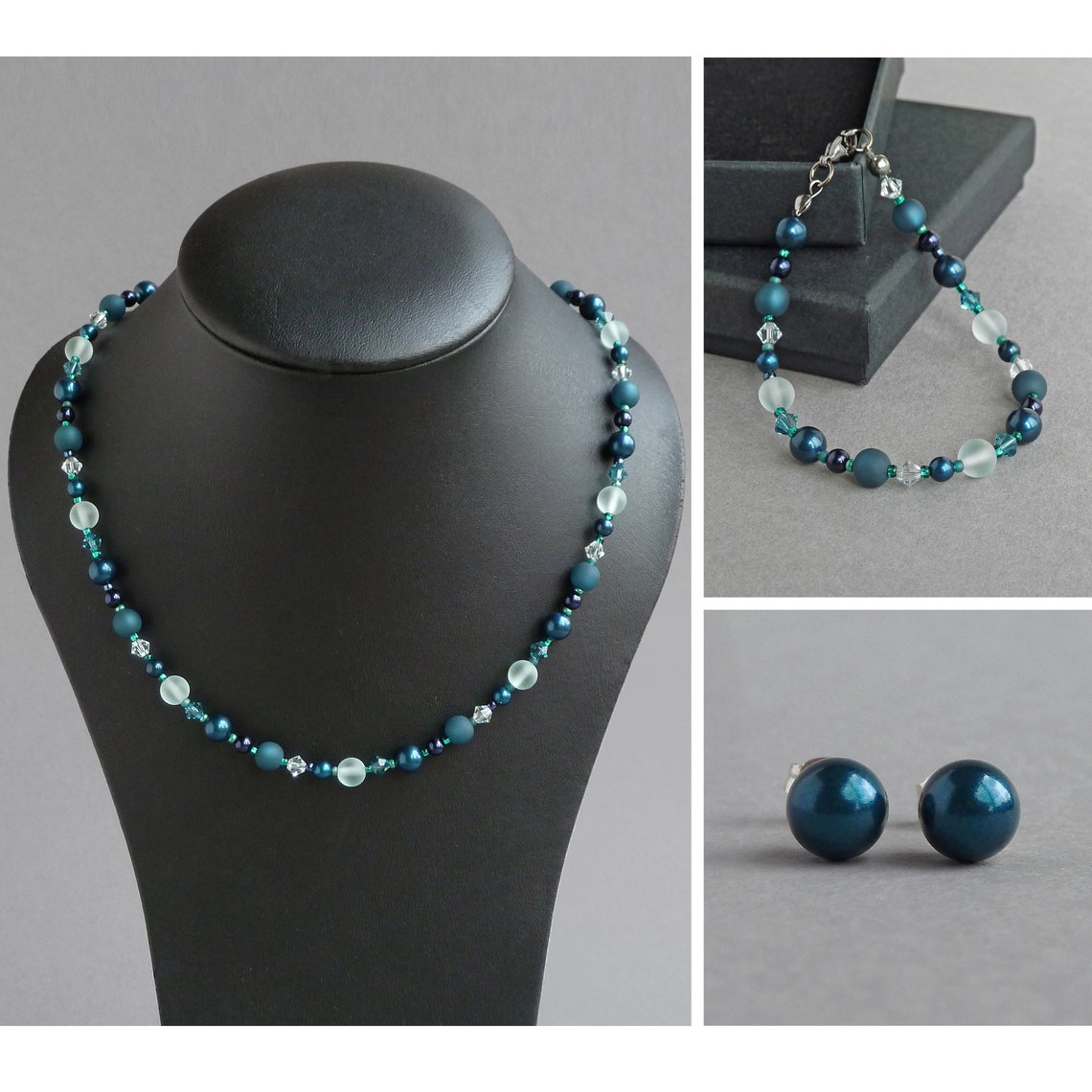 Dark Teal Beaded Necklace - Petrol Blue Pearl and Crystal Necklaces ...