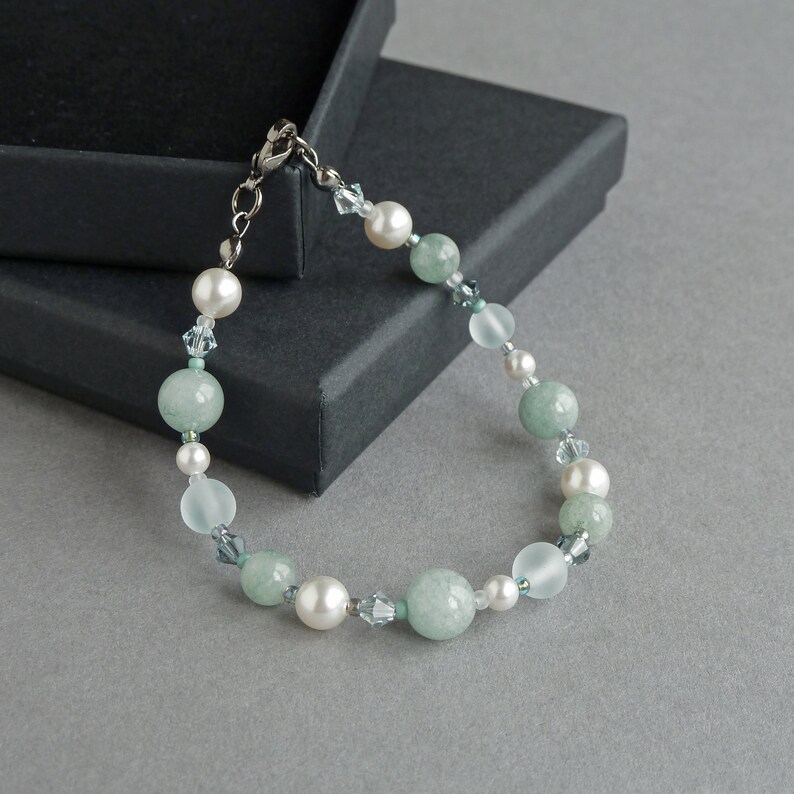 Sage Green Beaded Bracelet - Mint and White Pearl Single Strand ...