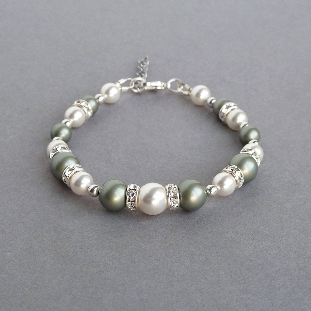 Sage Green Pearl Bracelet - Olive Bridesmaid Bracelets - Dusty Green ...