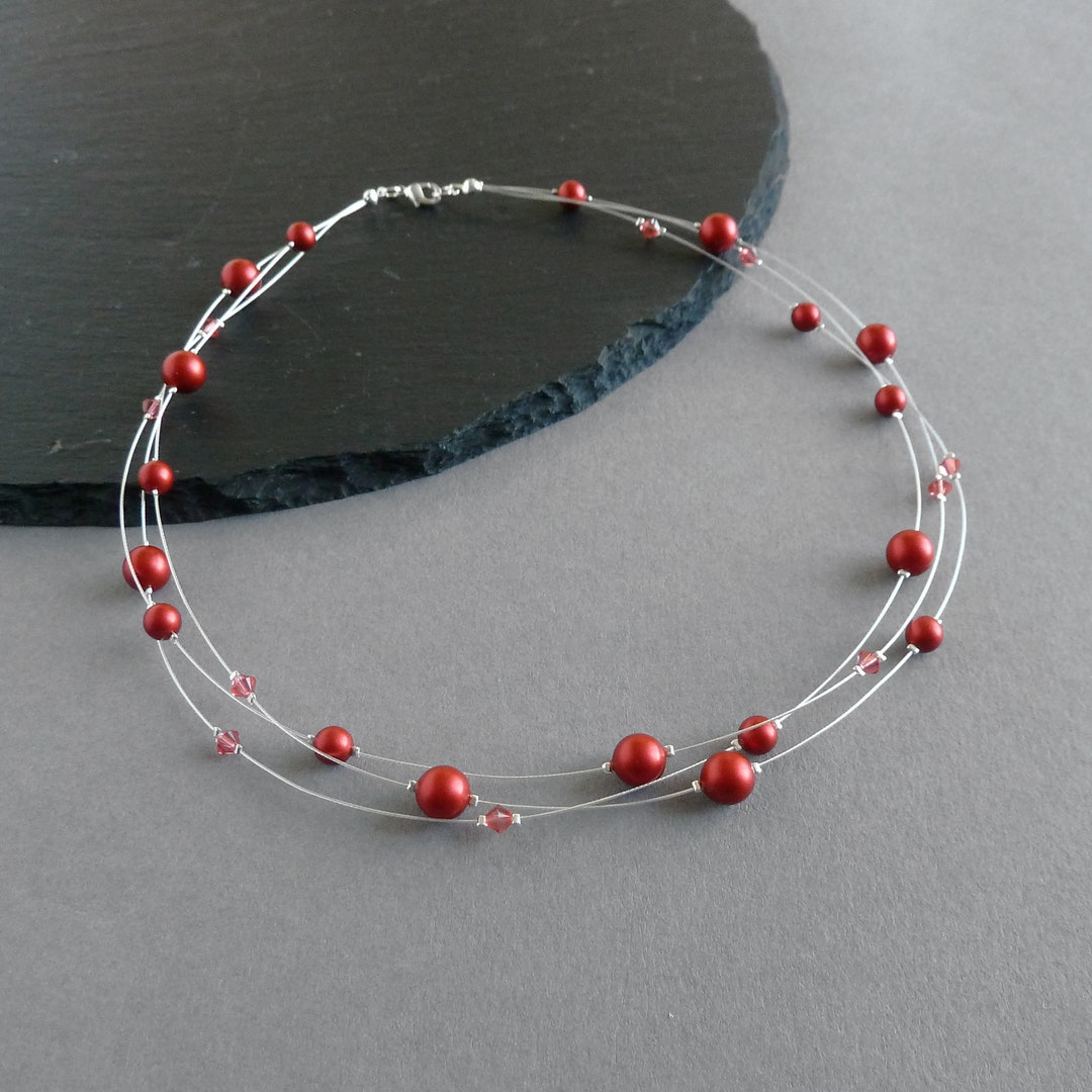 Bright Red Floating Pearl Necklace - Christmas Red Three Strand ...