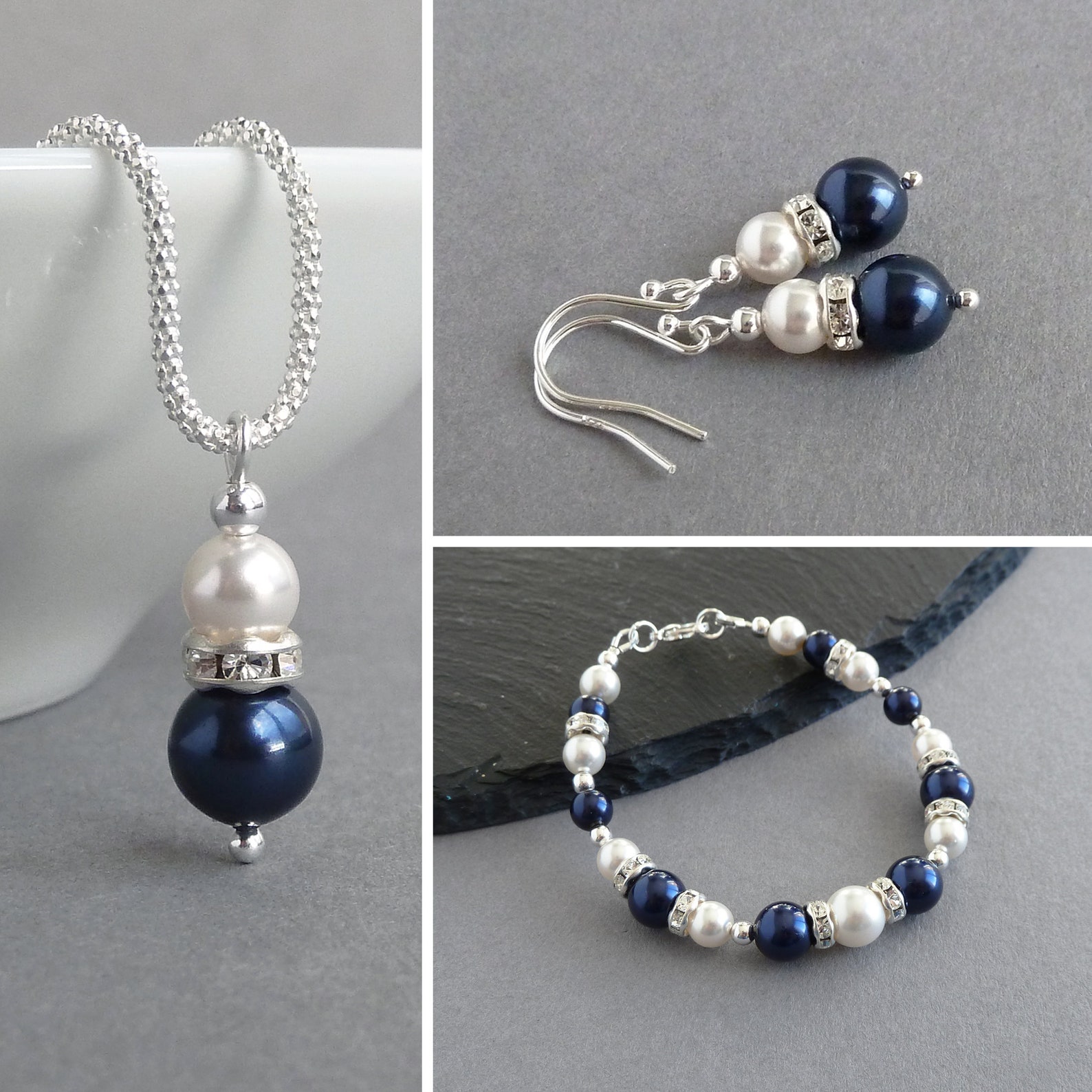 Navy Pearl and Crystal Jewellery Set - Dark Blue Bridesmaids Jewellery ...