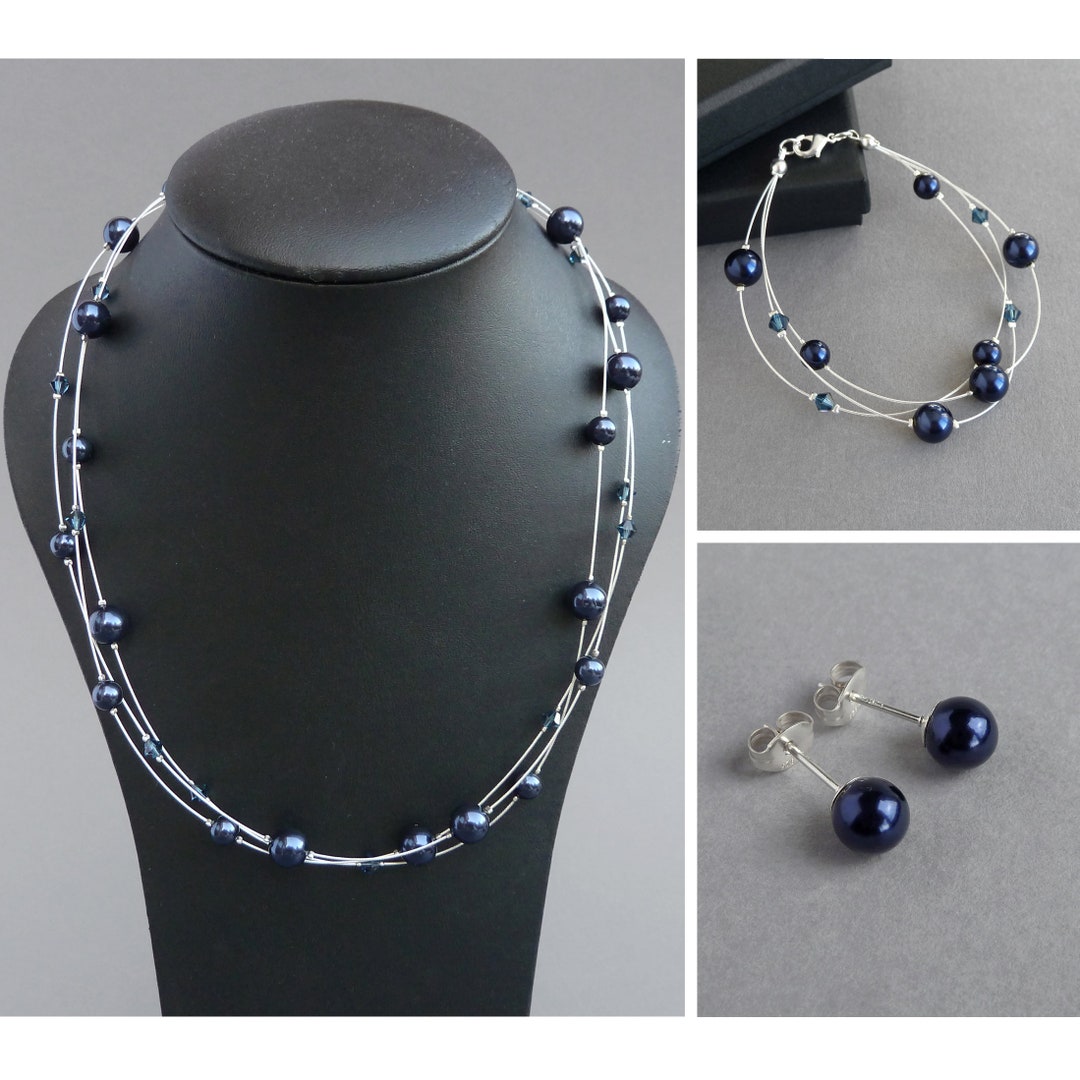 Navy Blue Floating Pearl Jewellery Set - Dark Blue Multi-strand ...