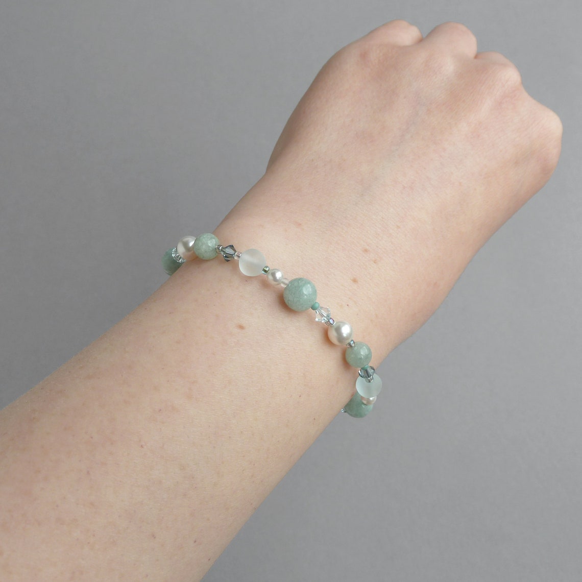 Sage Green Beaded Bracelet - Mint and White Pearl Single Strand ...