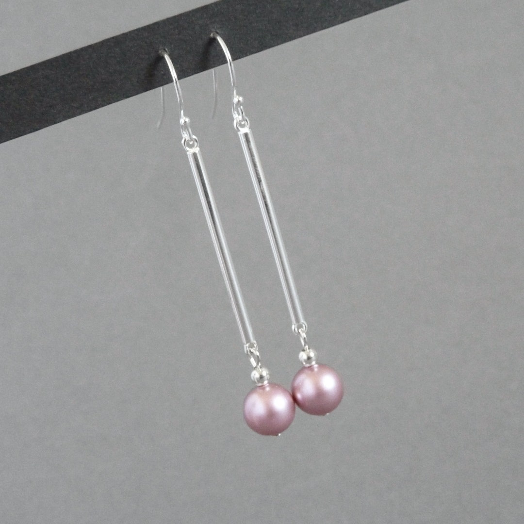 Dusky Pink Pearl Dangle Earrings - Long Pale Pink Dangly Drop Earrings ...