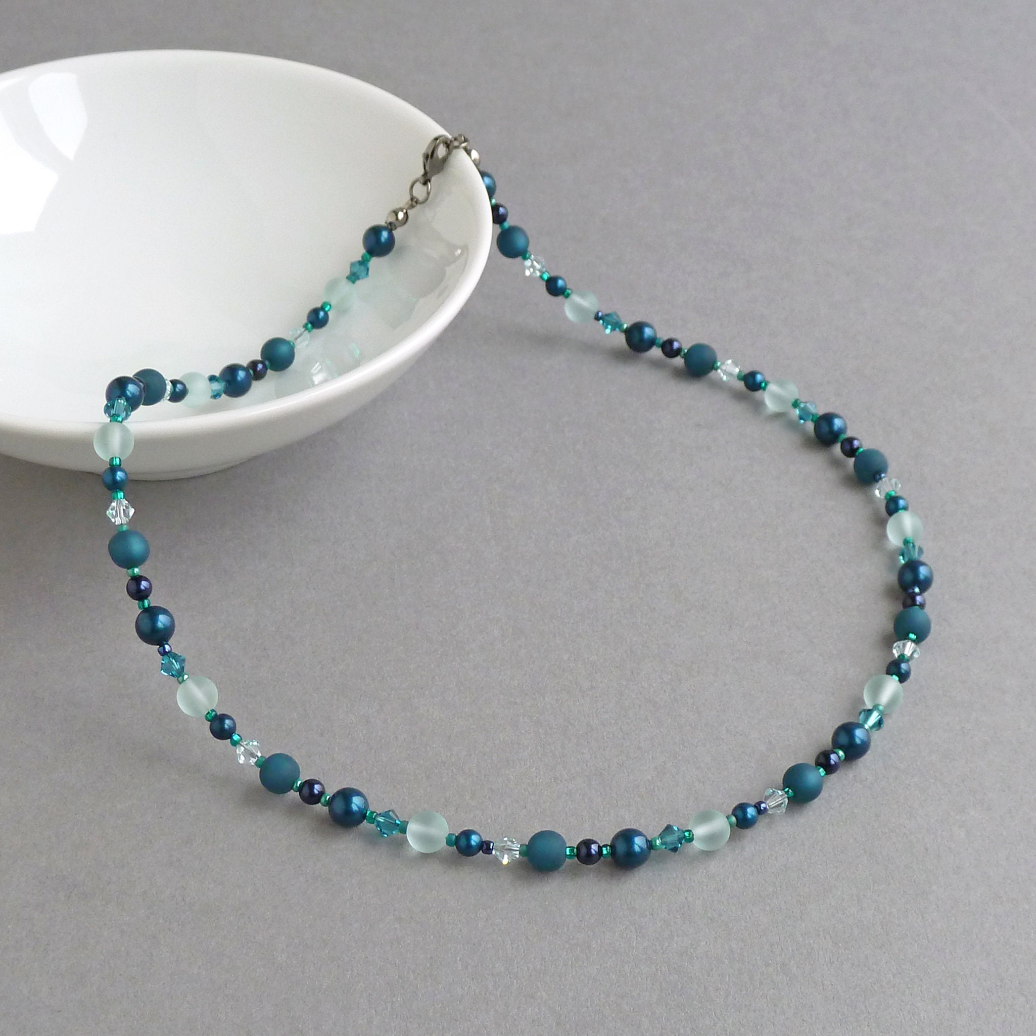 Dark Teal Beaded Necklace - Petrol Blue Pearl and Crystal Necklaces ...