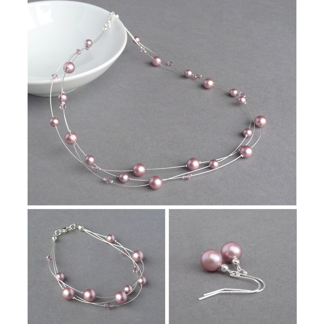Dusky Pink Jewellery Set - Rose Pink Floating Pearl Necklace, Bracelet ...