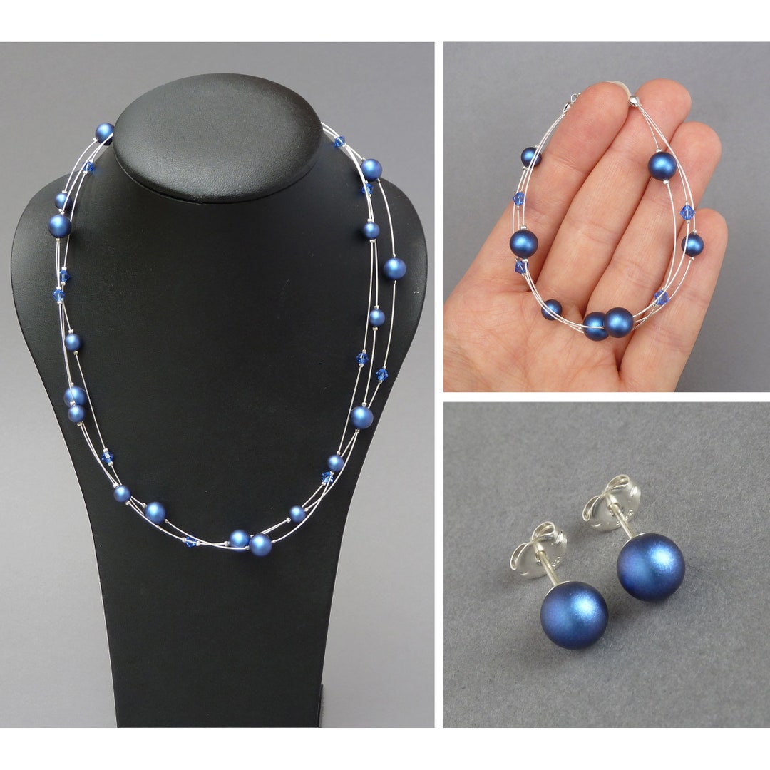 Royal Blue Floating Pearl Jewellery Set - Dark Blue Multi-strand ...