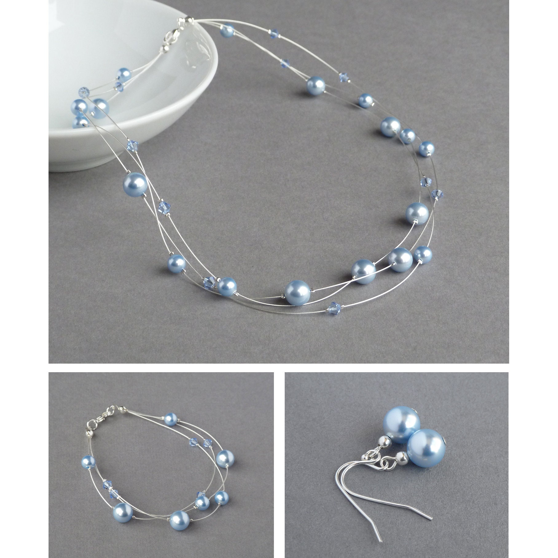 Pale Blue Floating Pearl Jewellery Set Powder Blue - Etsy UK