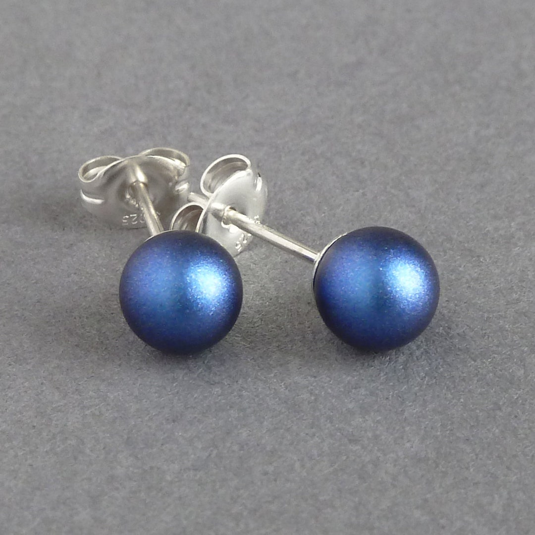 6mm Royal Blue Pearl Stud Earrings - Iridescent Dark Blue Swarovski ...