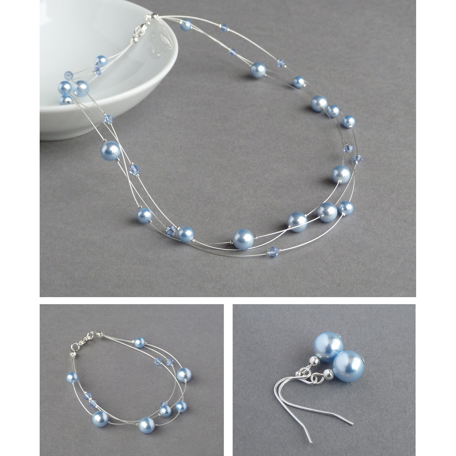 Pale Blue Floating Pearl Bracelet - Powder Blue Bridesmaids Jewellery ...