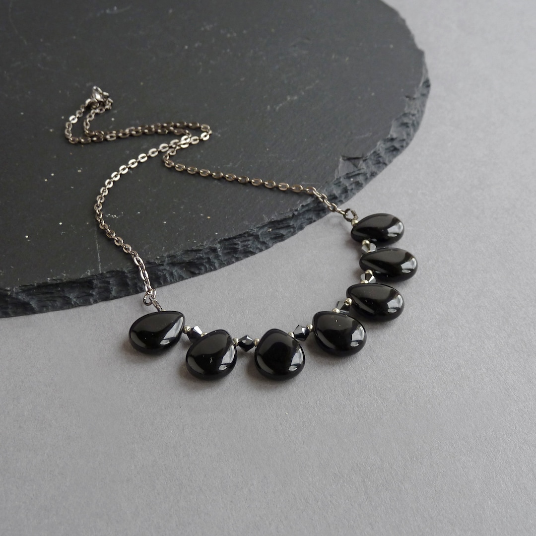 Jet Black Fan Necklace - Everyday Women's Black Beaded Necklaces ...
