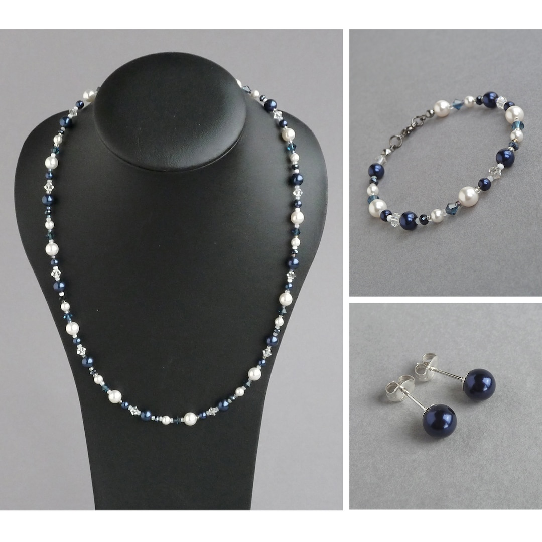 Navy and White Jewellery Set - Dark Blue Pearl and Crystal Jewellery ...