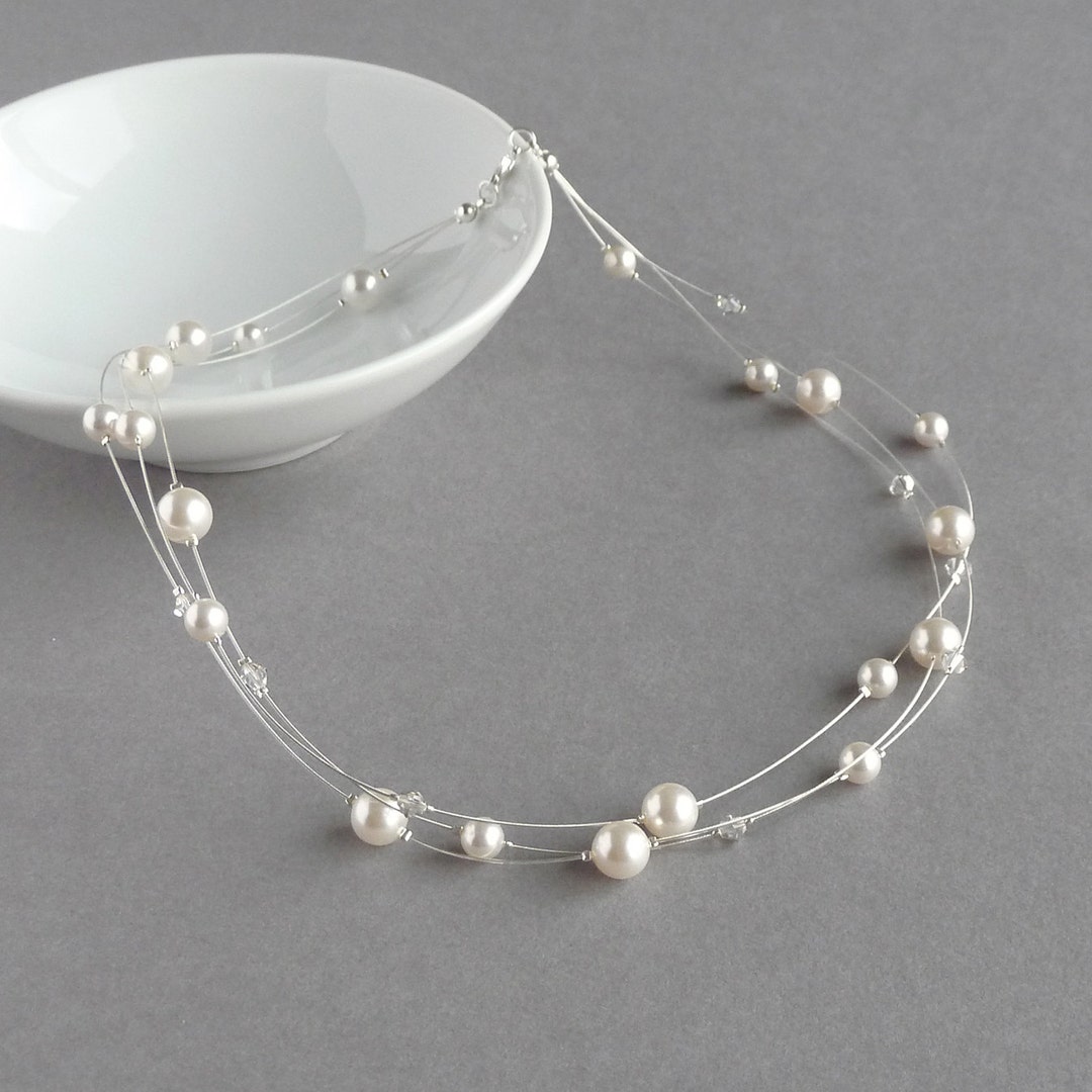 White Floating Pearl Necklace - Multi-strand Illusion Necklaces - Pearl ...