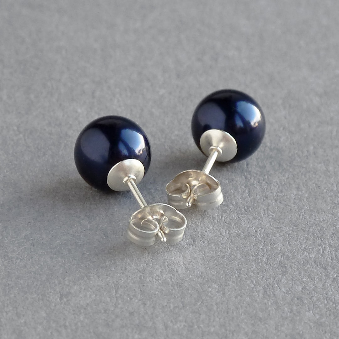 8mm Navy Blue Stud Earrings - Round Dark Blue Glass Pearl Studs ...