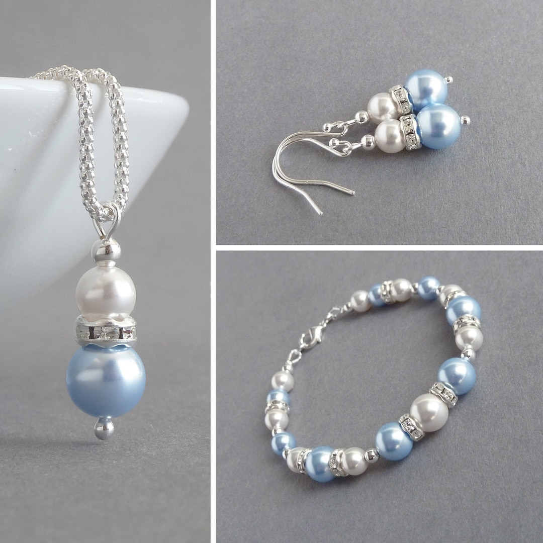 Light Blue Pearl and Crystal Jewellery Set - Baby Blue Bridesmaid ...