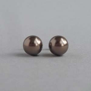 8mm Chocolate Pearl Stud Earrings - Dark Brown Glass Pearl Studs ...