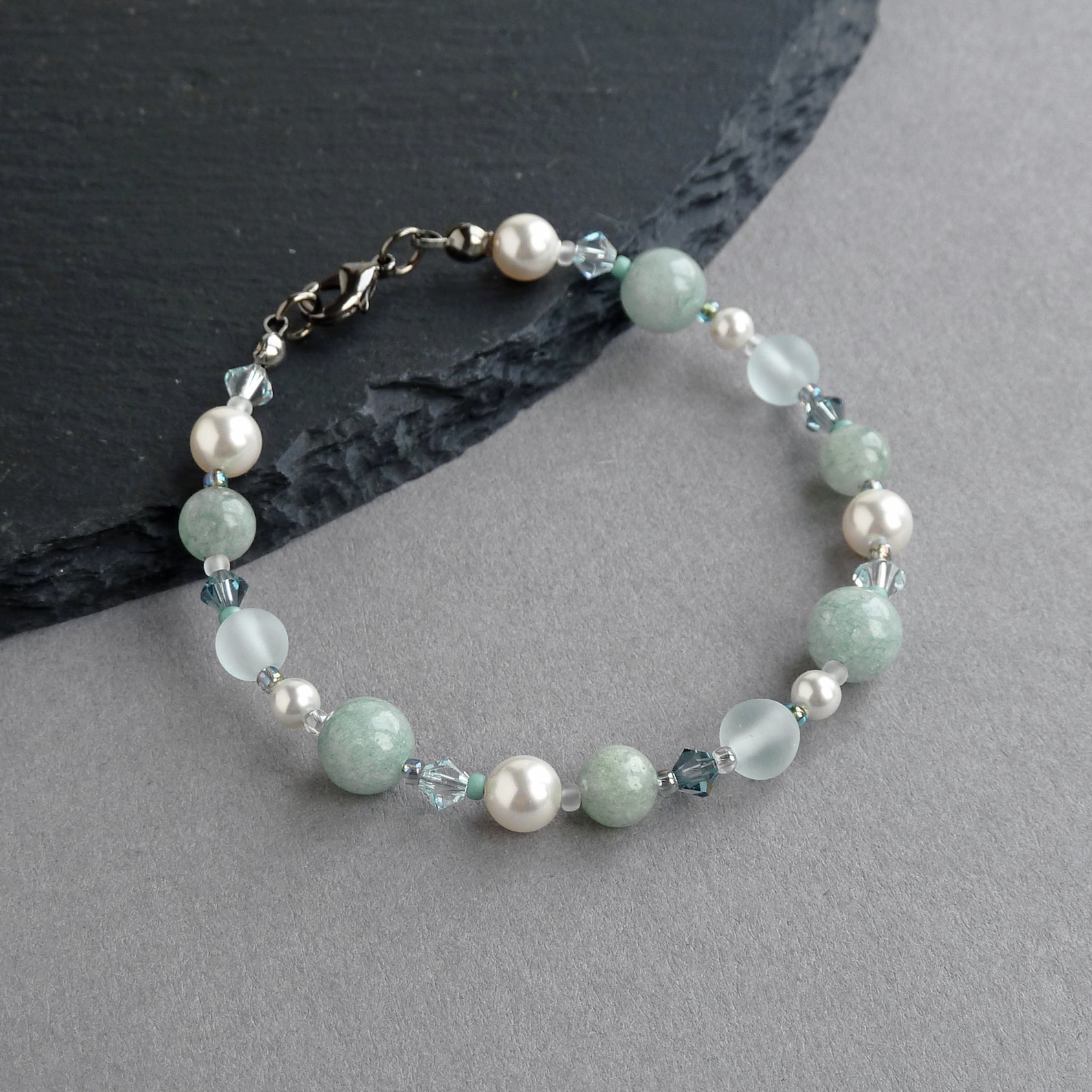 Sage Green Beaded Bracelet - Mint and White Pearl Single Strand ...