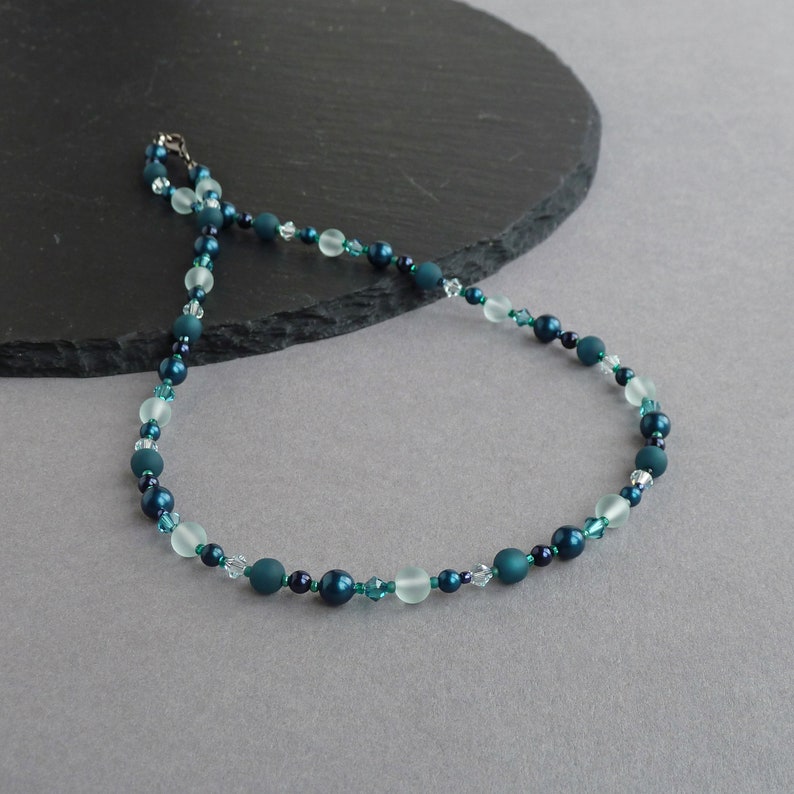 Dark Teal Beaded Necklace - Petrol Blue Pearl and Crystal Necklaces ...