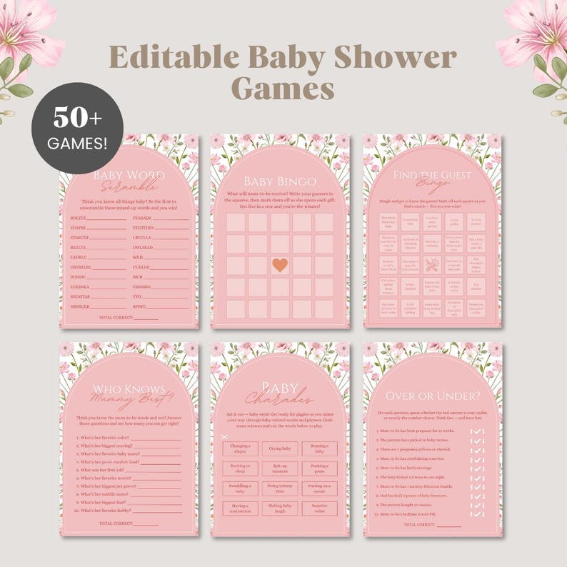 Baby in Bloom Baby Shower Games Bundle, Editable Baby Shower Games ...