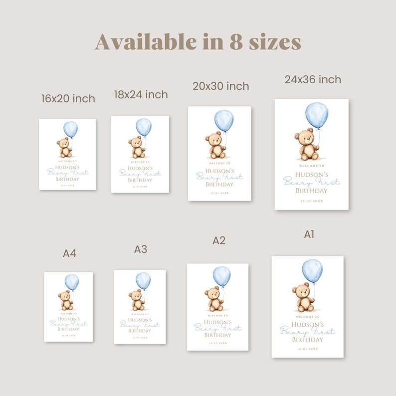 Editable Teddy Bear Birthday Poster, Beary First Birthday Welcome Sign ...
