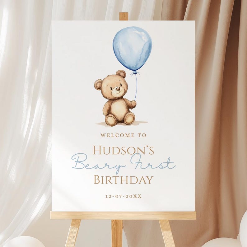 Editable Teddy Bear Birthday Poster, Beary First Birthday Welcome Sign ...