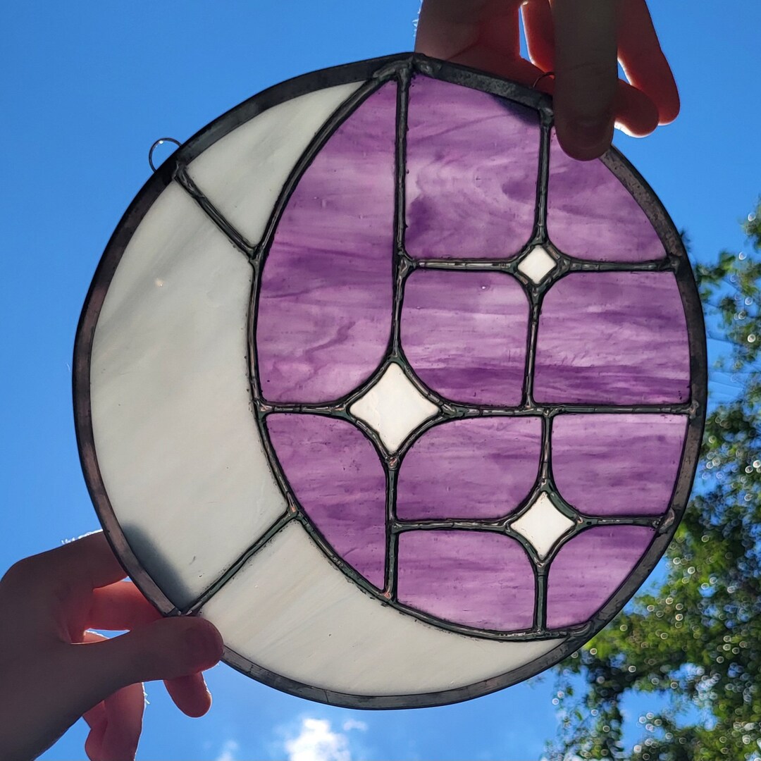 Stained Glass Crescent Moon and Stars With a Purple Sky - Etsy