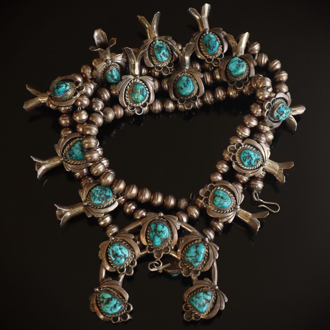 Vintage Navajo Blue Turquoise Bench Made Silver Bead Squash Blossom ...