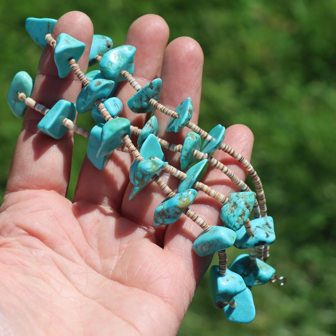 Vintage Navajo or Pueblo Turquoise Pebble Slab Olive Shell Heishi Bead ...