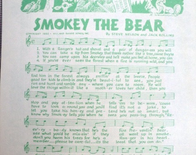 Smokey the Bear Sheet Music and Conservation Pledge 1952 Prevent Forest ...