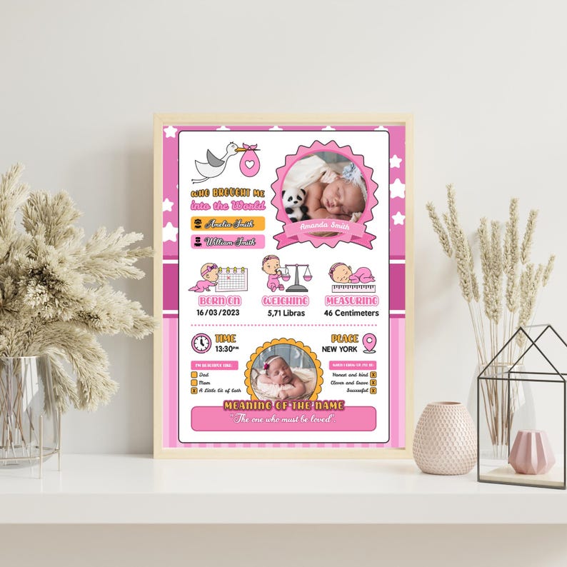 Personalized Baby Girl Birth Stats Poster – Custom Newborn Announcement ...