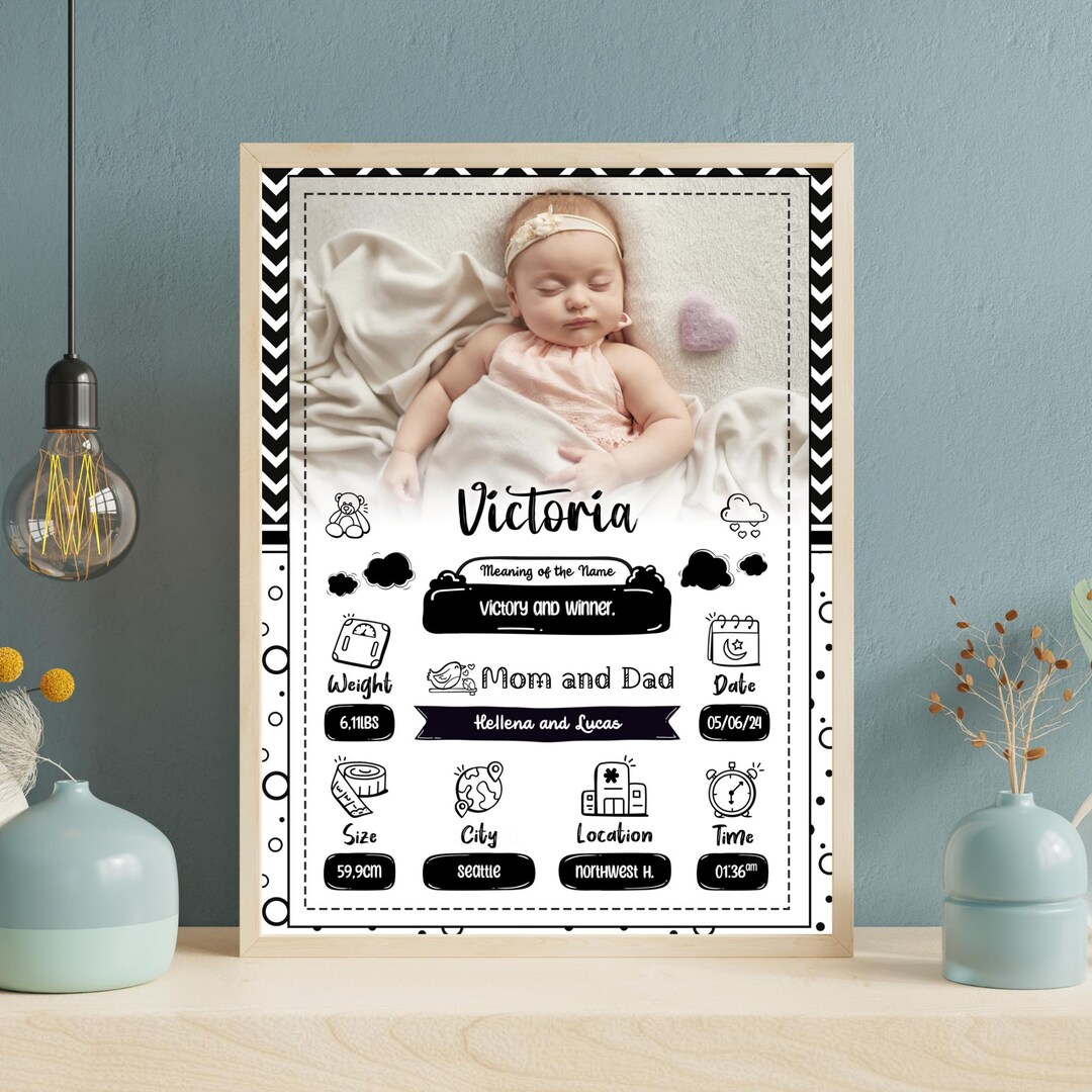 Personalized Baby Birth Stats Poster – Custom Black & White Newborn ...