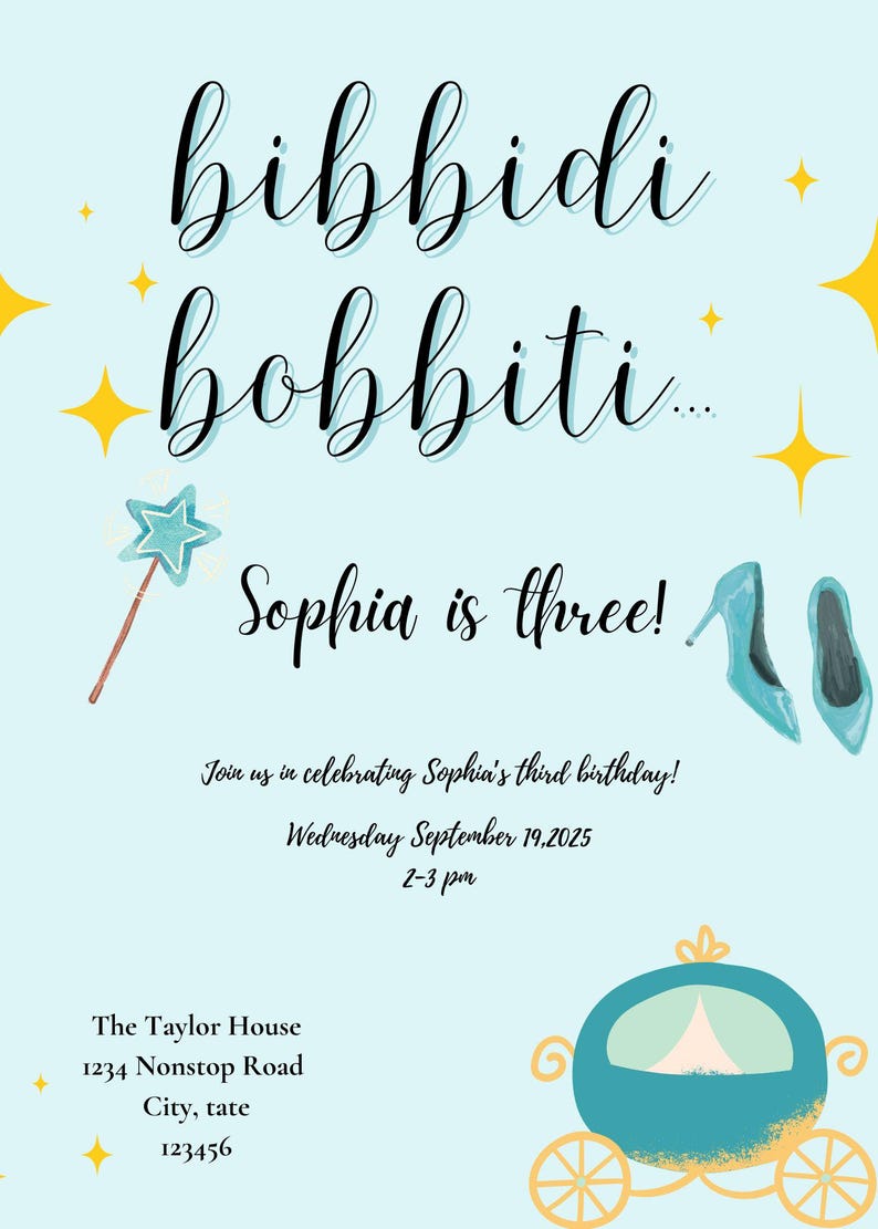 Bibbidi Bobbiti Birthday Invitation | Cinderella Princess Theme ...