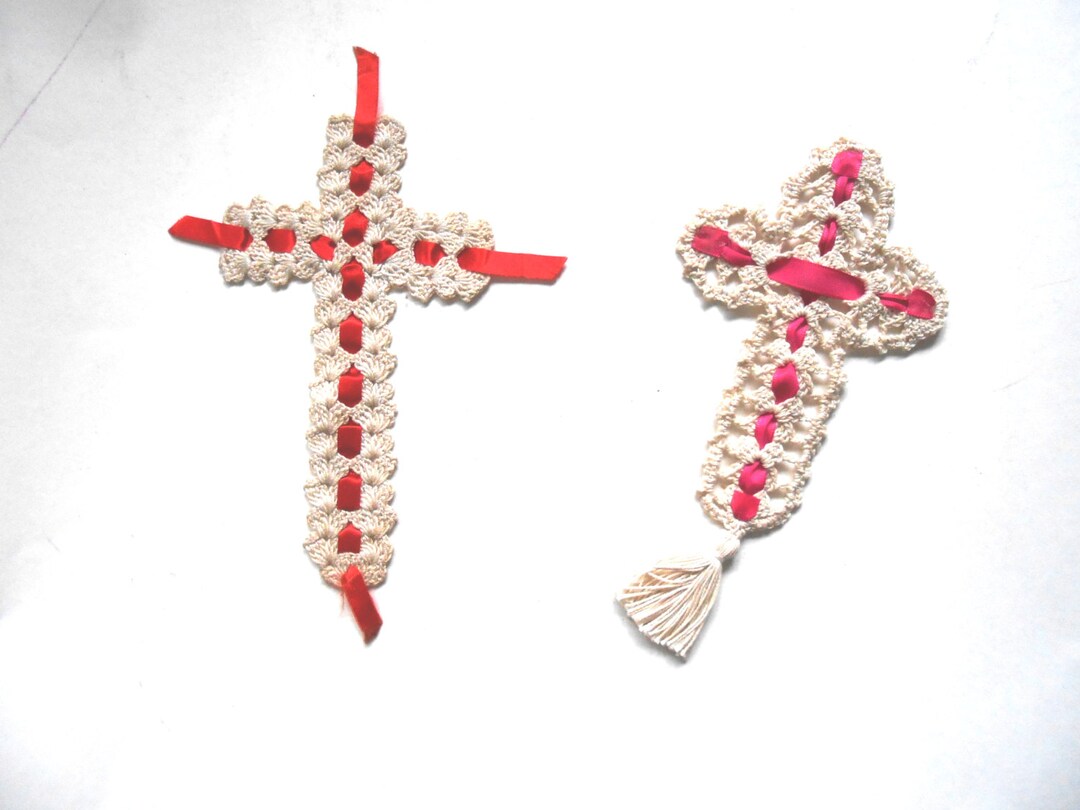 Vintage Crocheted Crosses, Red Ribbon, Dark Pink - Etsy
