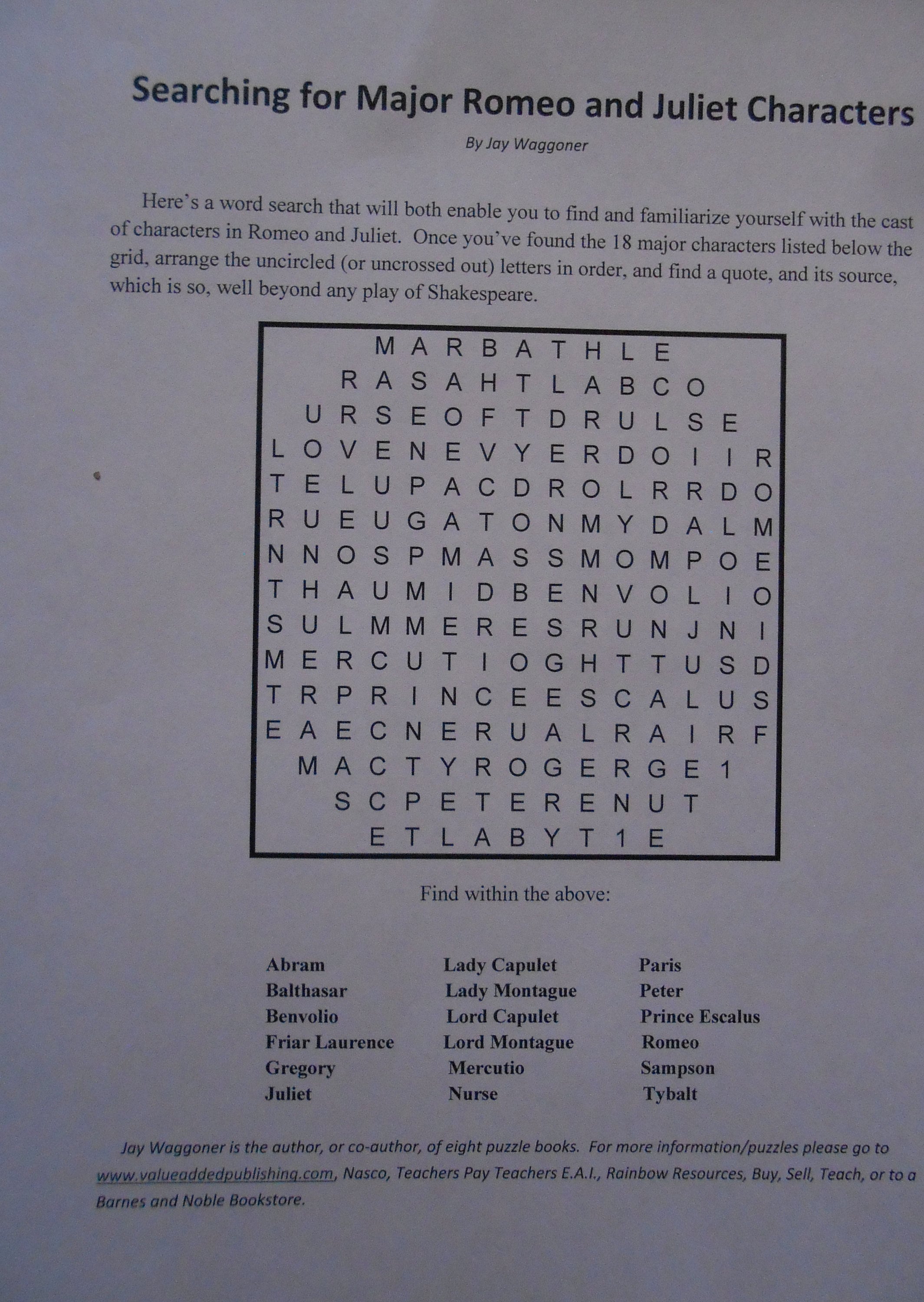 Romeo And Juliet Word Search