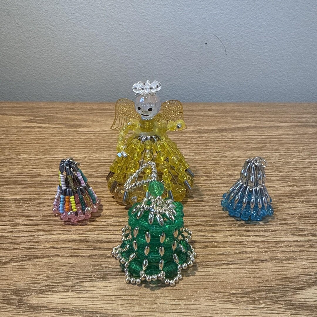 Vintage Handmade Christmas Bead and Safety Pin Angel Ornament & Bells ...