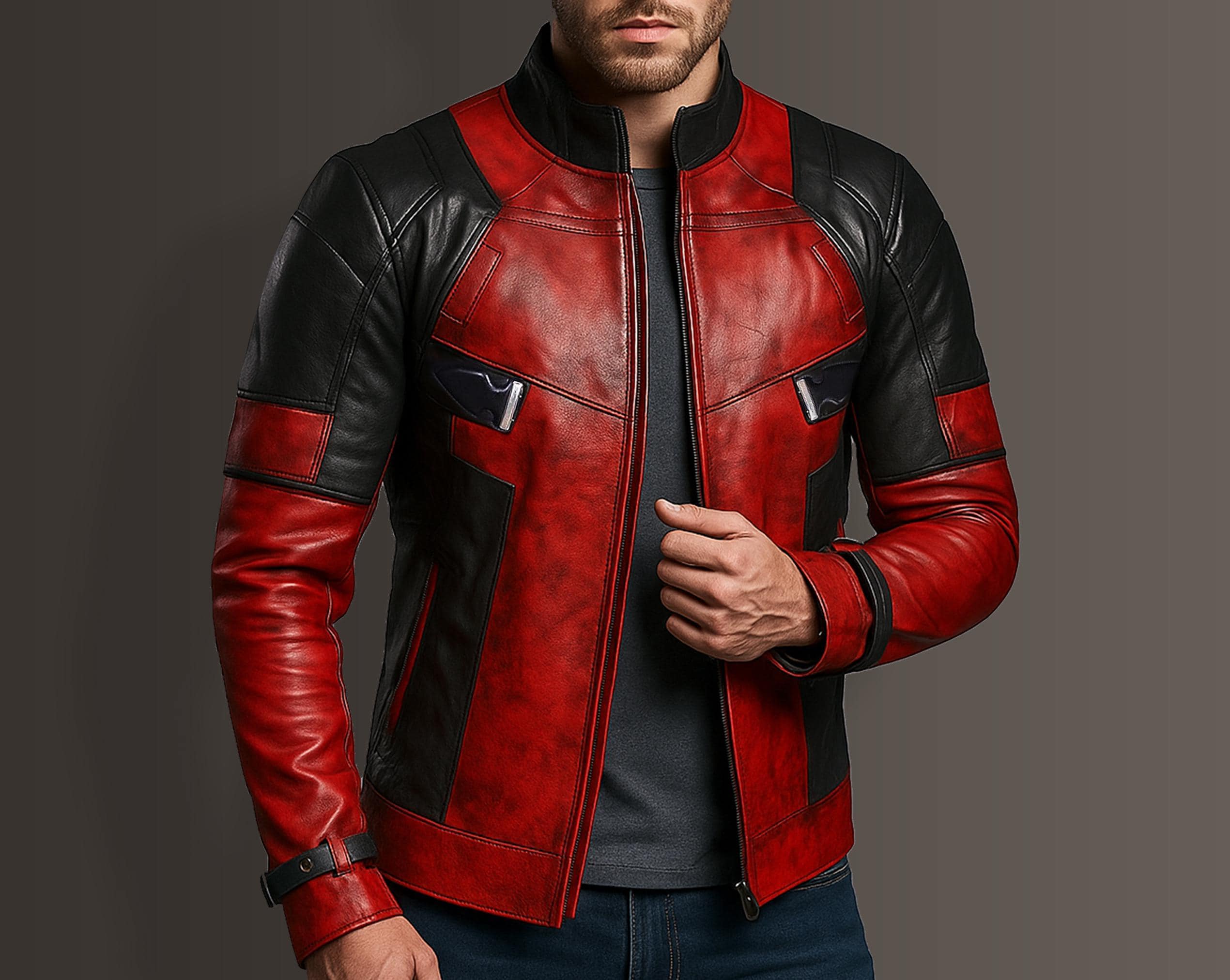 Deadpool Leather Jacket Men Red Black Biker Jacket Ryan Reynolds ...